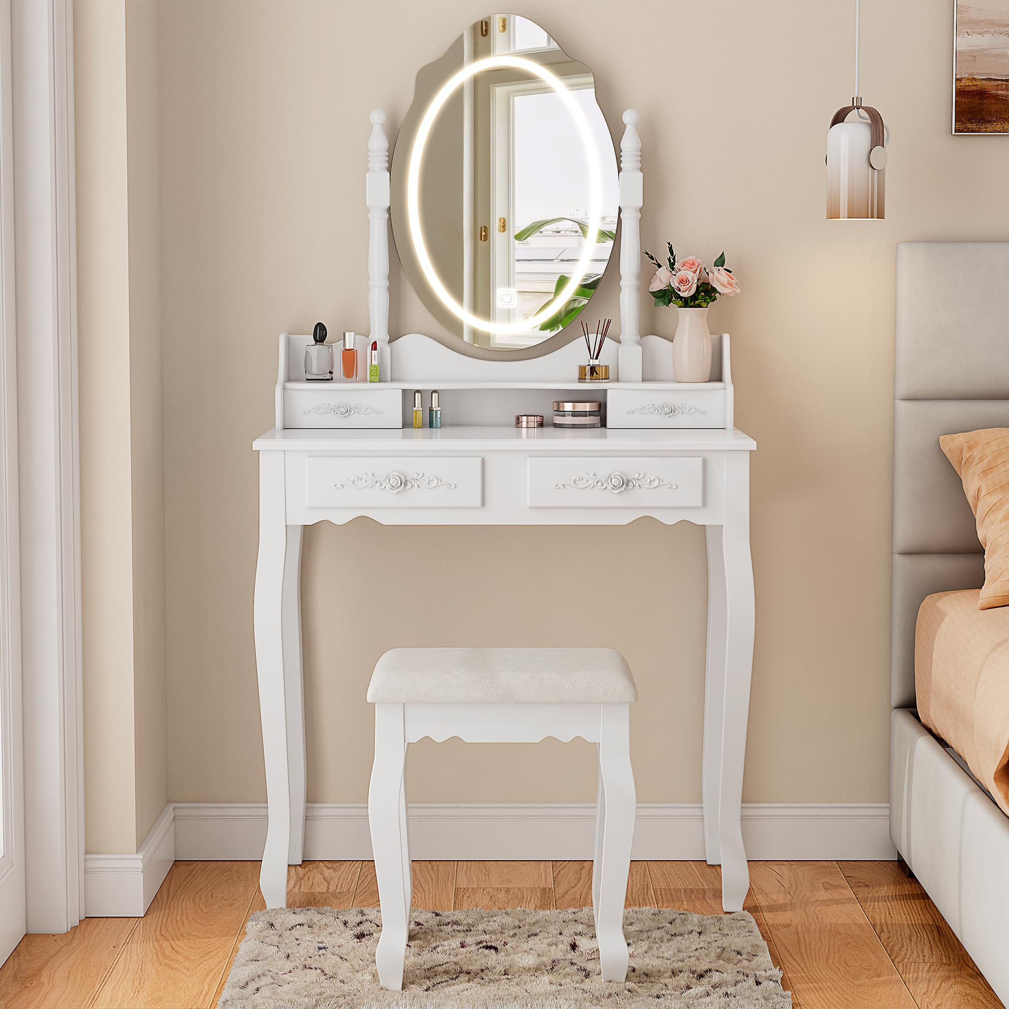 House of Hampton Jalea Vanity Desk with Mirror and Lights Modern Makeup Table and Cushion Stool Set with 4 Drawers Reviews Wayfair